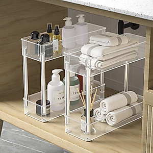 TESOIN Under Sink Organizers and Storage，4 Tier Clear Movable Slim Rolling Storage Cart Bathroom Organizer Under Cabinet Storage, Slide Out Narrow Shelf Organization for Kitchen Bathroom Warehouse