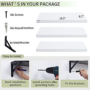 fuqing® White Floating Shelves Wall Mounted Set of 3, Wood Wall Shelves for Bedroom, Bathroom, Living Room, Kitchen, Laundry Room Storage & Decoration