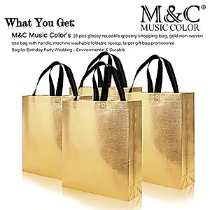 M&C Music Color 16pcs Glossy Reusable Grocery Shopping Bag Tote Bag with Handle Present Bag Gift Bag