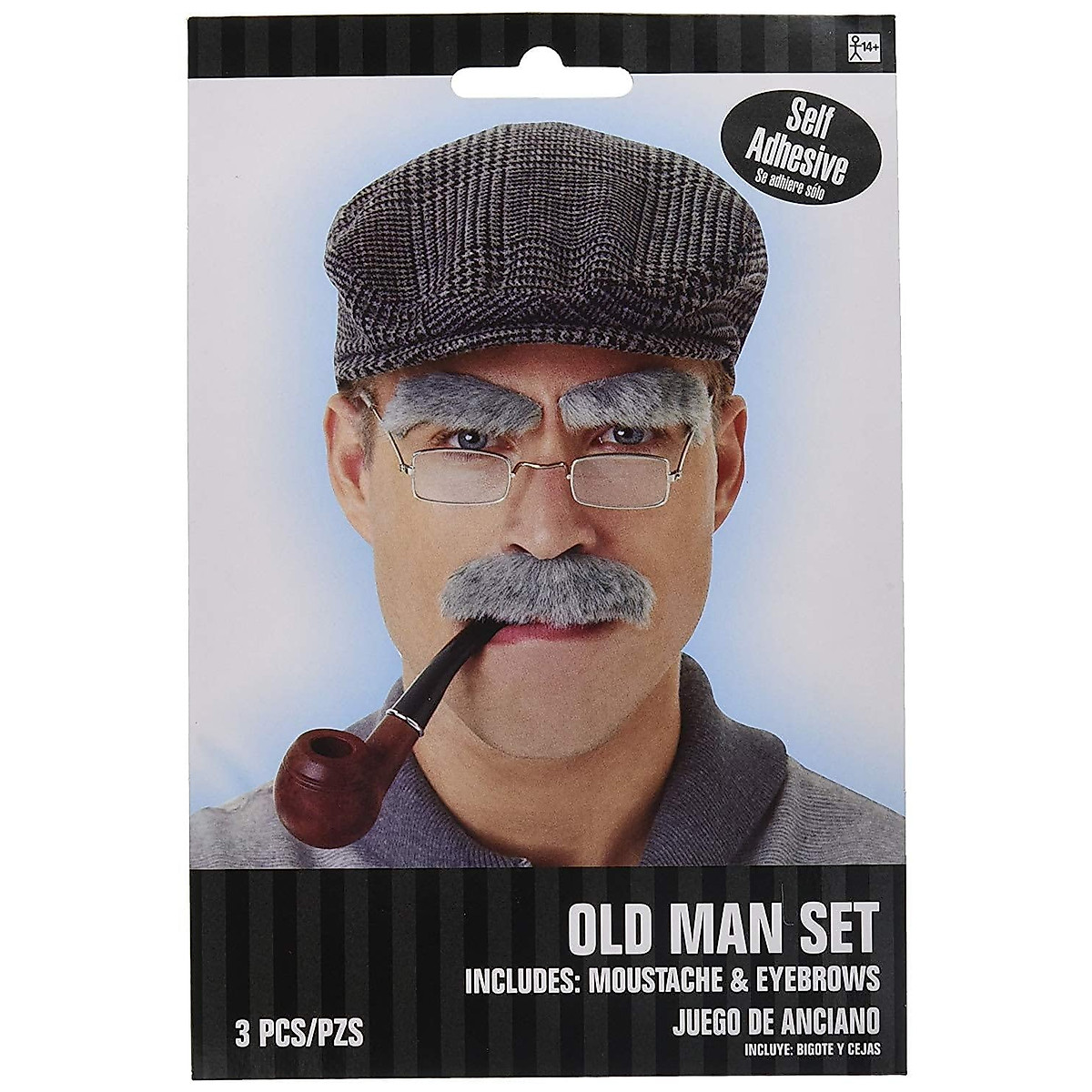 Gray Old Man Moustache & Eyebrows - 1 Set, Fits Most Teens and Adults - Perfect for Wacky Parties & Stage Performances