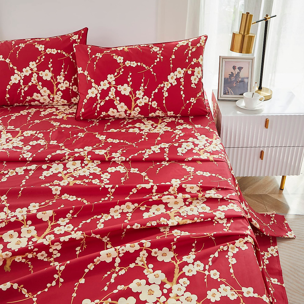 Brandream Floral Sheet Set Twin Size Japanese Oriental Style Cherry Red Blossom Flower Branches Print Chinoiserie Bedding Pillowcases Set 800TC Egyptian Cotton Sateen Botanical Tree Deep Pocket, 4 Pcs