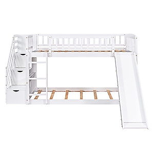 Harper & Bright Designs Twin Over Twin Bunk Bed with Slide and Guardrail, Floor Bunk Bed with Stairway/Two Drawers/Handrail, Space-Saving Bedroom Dormitory Furniture (White)
