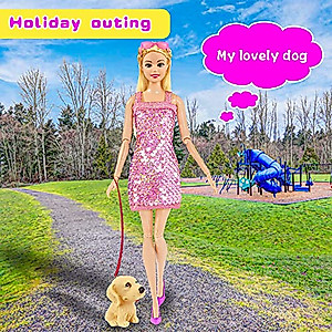 34 Pack Fashion 11.5 inch Girl Doll Clothes and Accessories Travel Luggage Suitcase Set with Dress Backpack Hat Glasses Puppy Food Toys etc (No Doll)