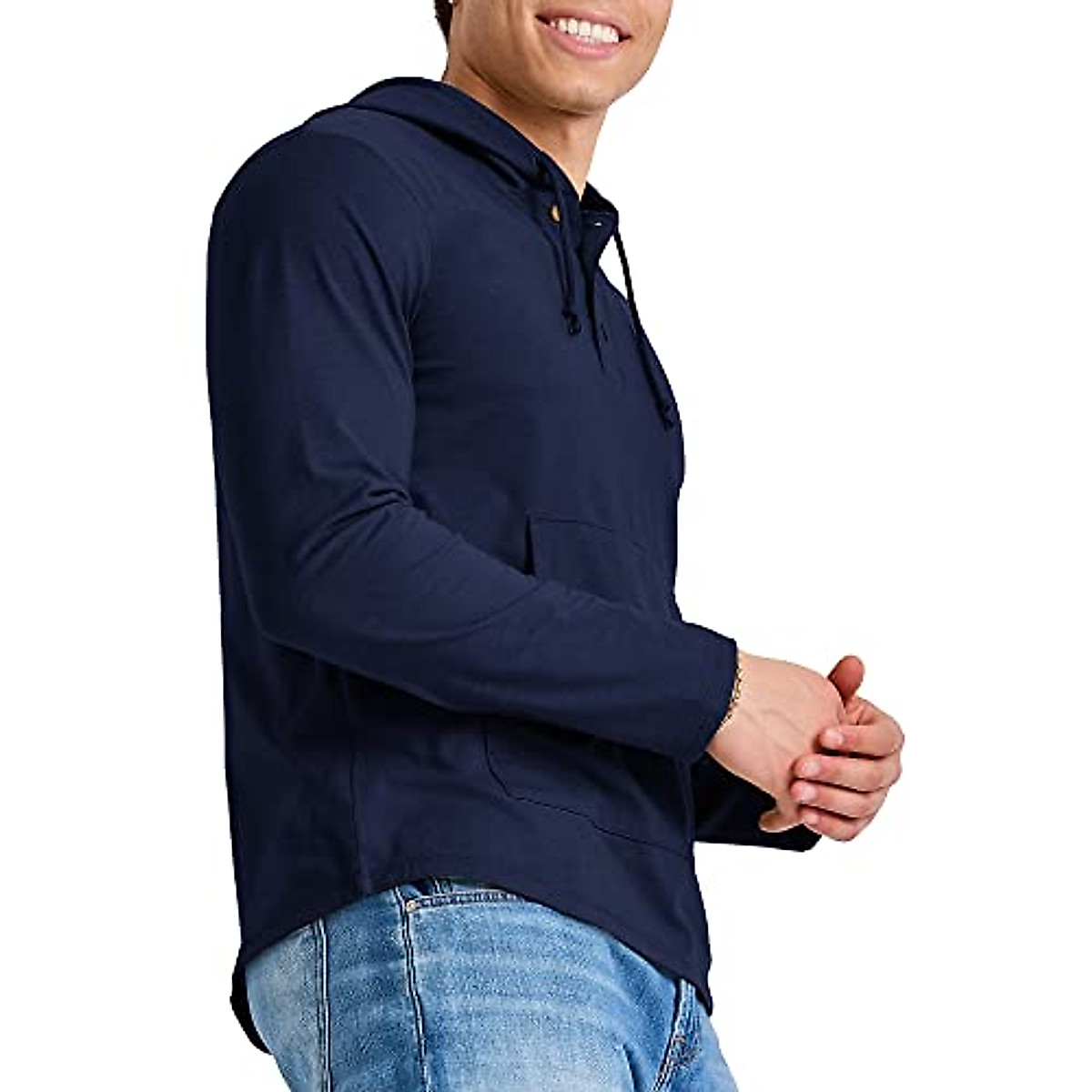 Hanes Men's Originals Lightweight Jersey Hoodie, Cotton Hooded Sweatshirt with Henley Collar, Athletic Navy, Large