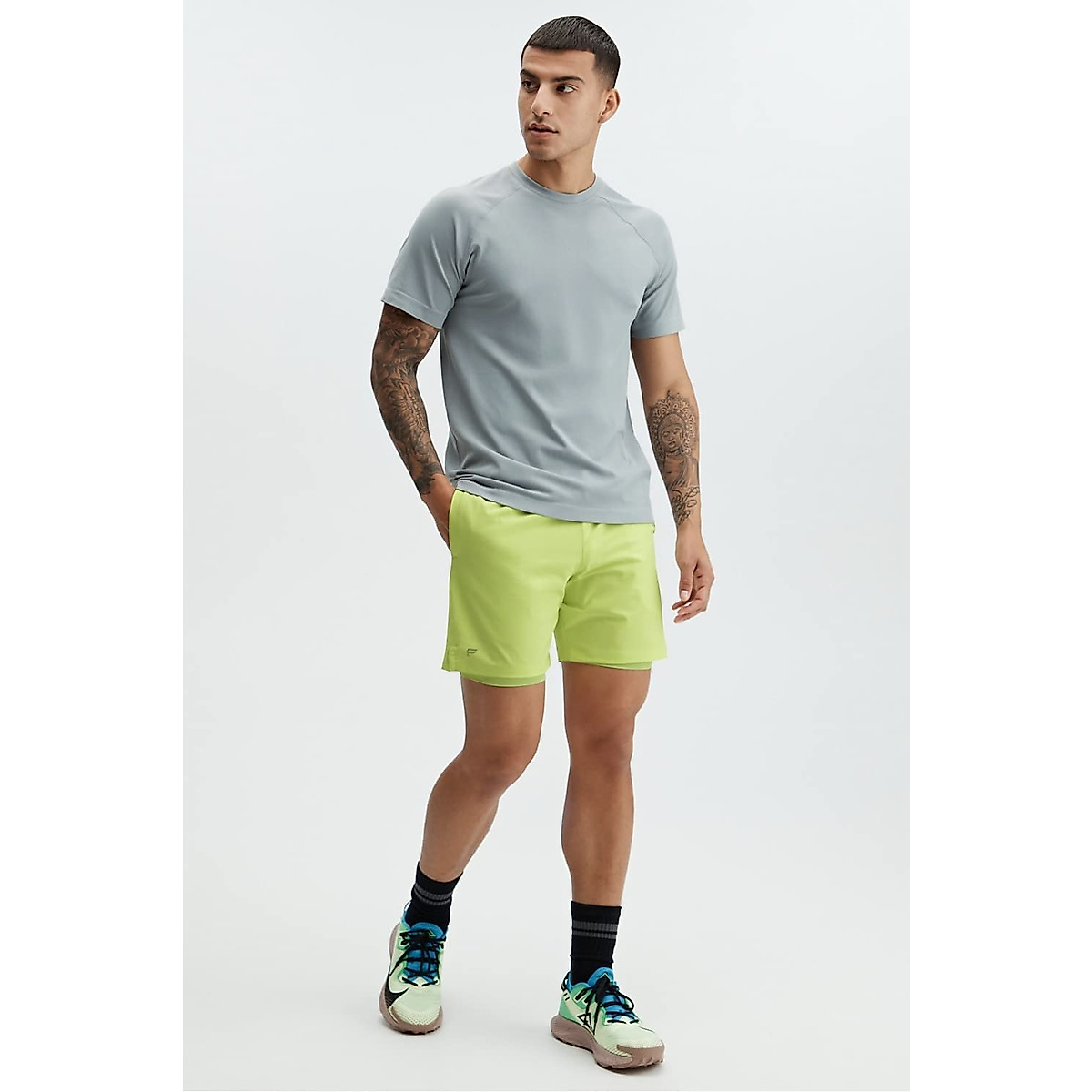 Fabletics Men's The Fundamental Short, Workout, Running, Training, Gym, Yoga, Ultra Lightweight, Athletic, 7" Inseam, M, Faded Lime