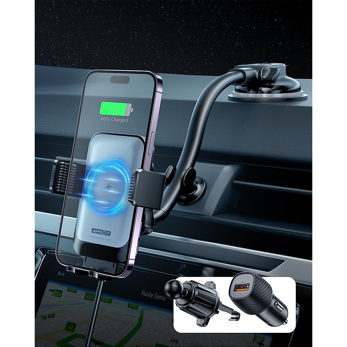 APPS2Car Wireless Car Charger Auto Clamping Wireless Car Charger Mount Car Phone Holder Wireless Charger for Dashboard & Air Vent Phone Mount for Car Wireless Charging for iPhone 15/14/13 Galaxy etc
