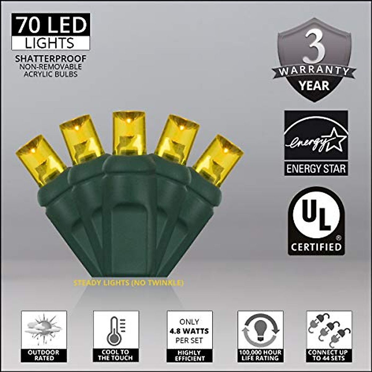 5mm LED Wide Angle Gold Prelamped Light Set, Green Wire - 70 5mm Gold LED Christmas Lights, 4" Spacing