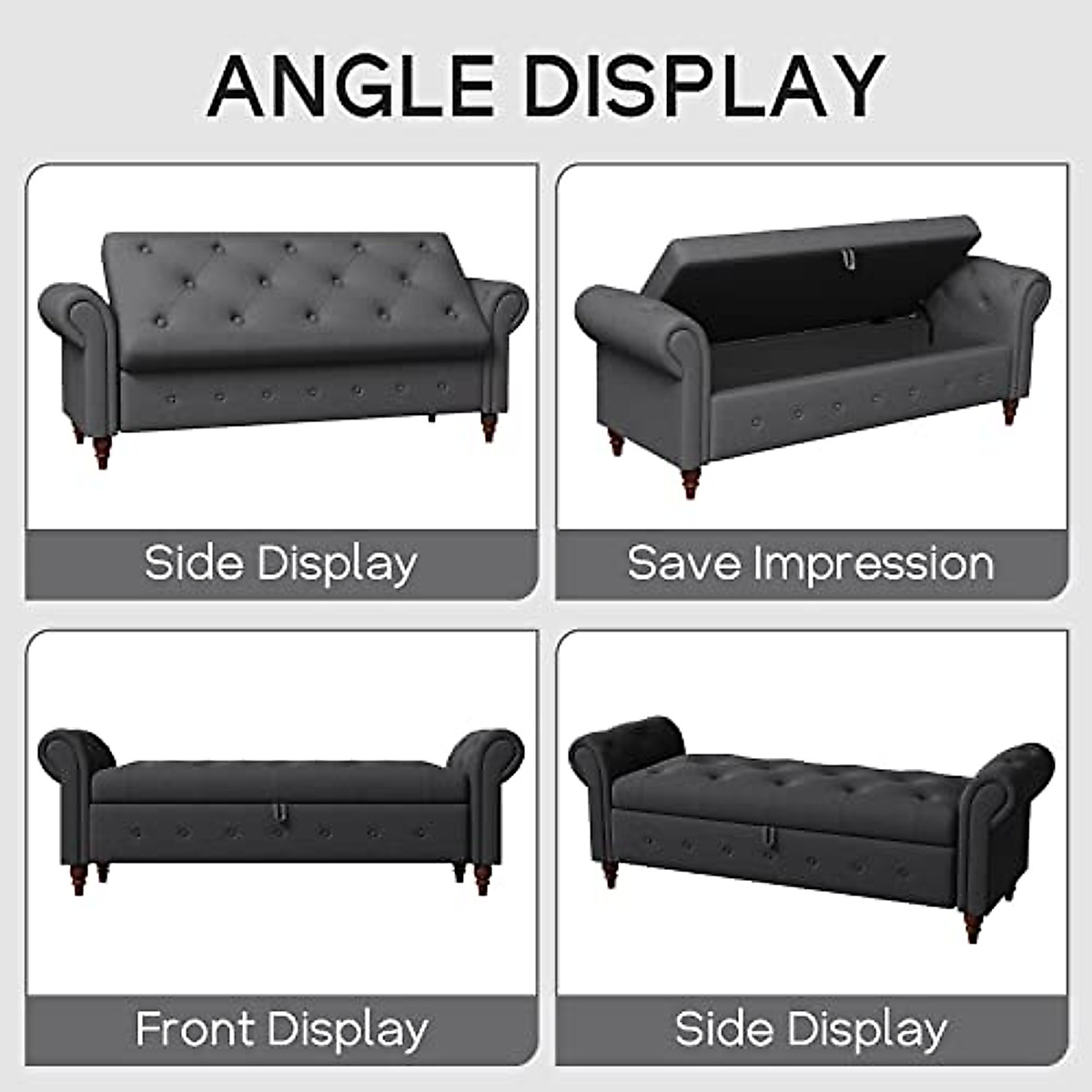 NIOIIKIT 63'' Storage Ottoman Bench, End of Bed Button Tufted Ottoman Bench, Rolled Armed Ottoman Couch Long Bench for Bedroom, Living Room, End of Bed, Hallway(Grey, Polyster)