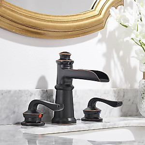 Homevacious Widespread Bathroom Faucet Oil Rubbed Bronze Waterfall 2-Handle with Pop up Drain Assembly Farmhouse 3 Holes 8-16 Inch Sink Rustic Mixer Tap Overflow Commercial Supply Lead-Free