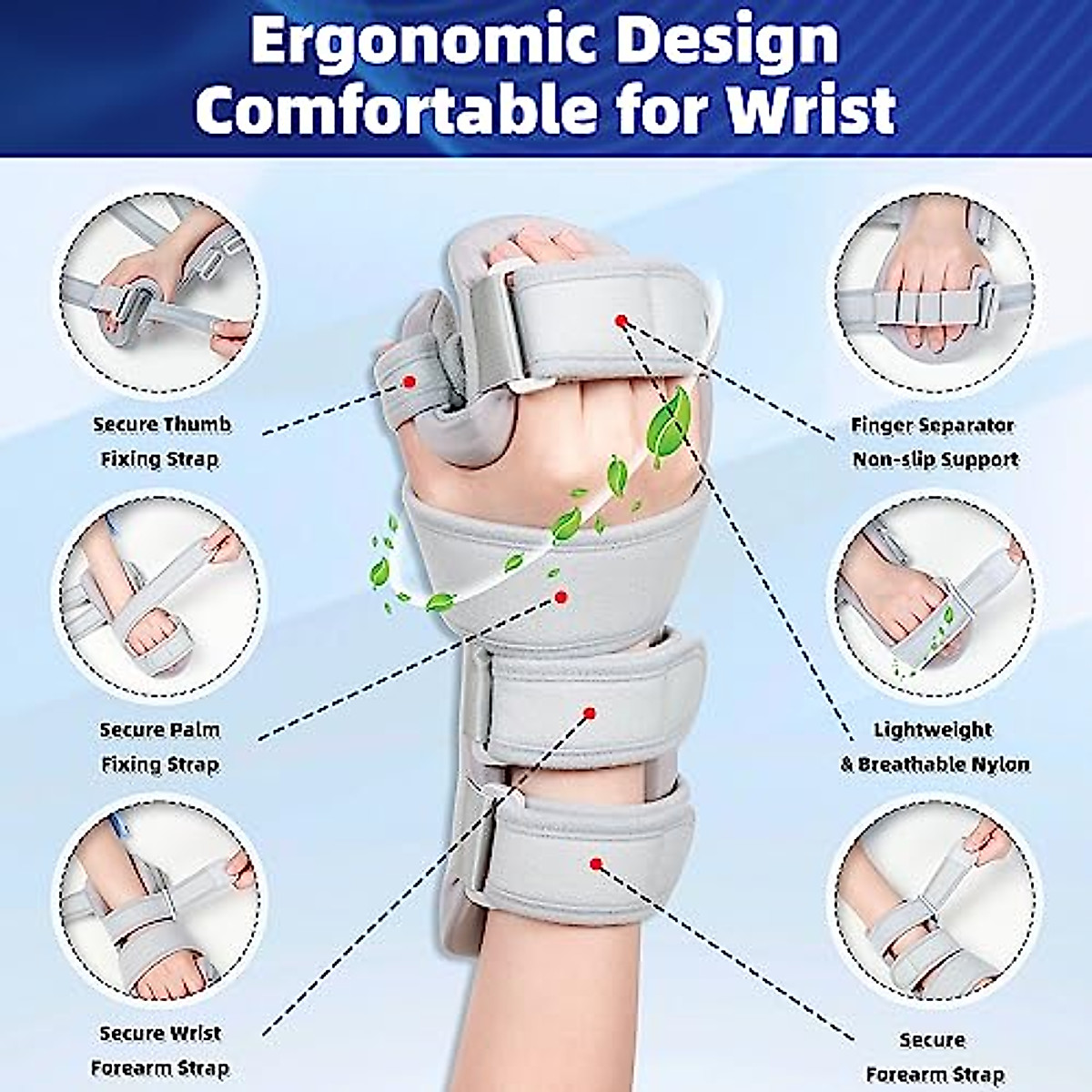 Fanwer Stroke Resting Hand Splint, Wrist Brace for Carpal Tunnel Support - Night Immobilizer Wrist Brace for Sleeping, 5 Straps Stabilizer - Helps Relieve Arthritis, Tendonitis, Carpal Tunnel Pain, Muscle Atrophy Rehabilitation