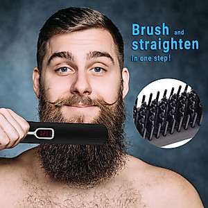 Cayzor Beard Straightener Comb for Men - Upgraded Professional Electric Mens Beard Straightening Heated Brush Portable Anti-Scald 5 Adjustable Temperatures & LCD Display with Carrying Bag