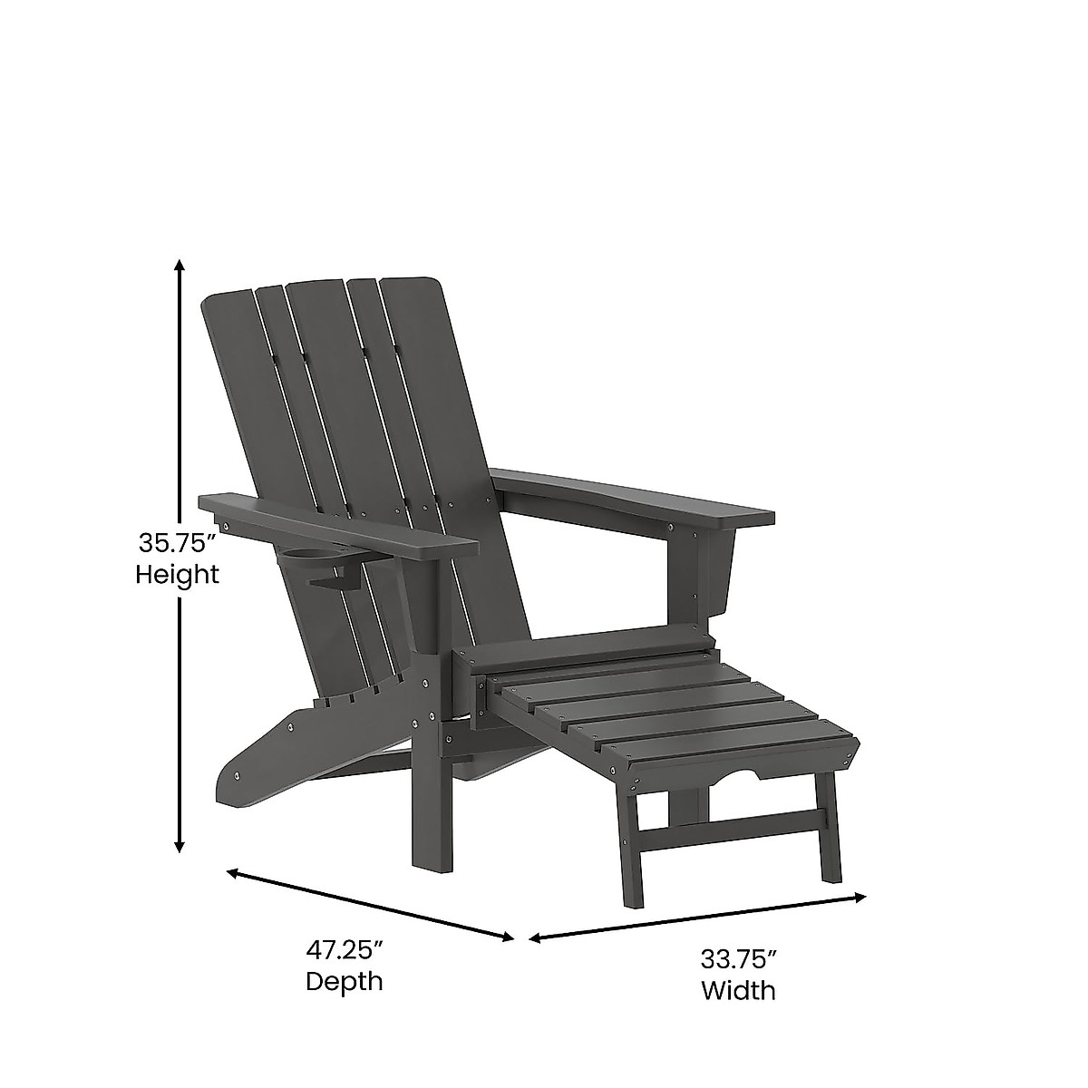Flash Furniture Halifax Poly Resin Adirondack Chair with Cup Holder and Pull Out Ottoman, All-Weather Poly Resin Indoor/Outdoor Lounge Chair, Set of 2, Gray