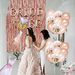 Bachelorette Party Decorations,Pink Rose Gold Decor, Bridal Shower Party Supplies with Bride To Be Words,Rose Gold Diamond Ring,Wedding Dress,Giant Bottle Balloons and Foil Fringe Curtain