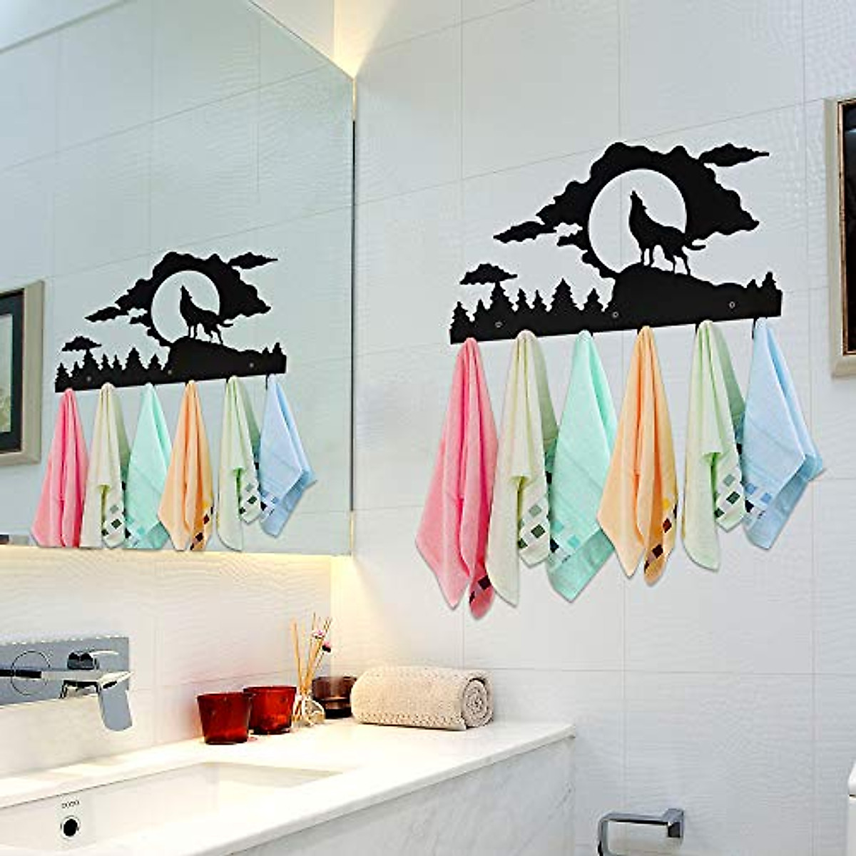 Kathy Wall Mounted Coat Hook Wolf Moon Cloud Animal Design Cute Metal Heavy Hooks Bathroom Entryway, Black