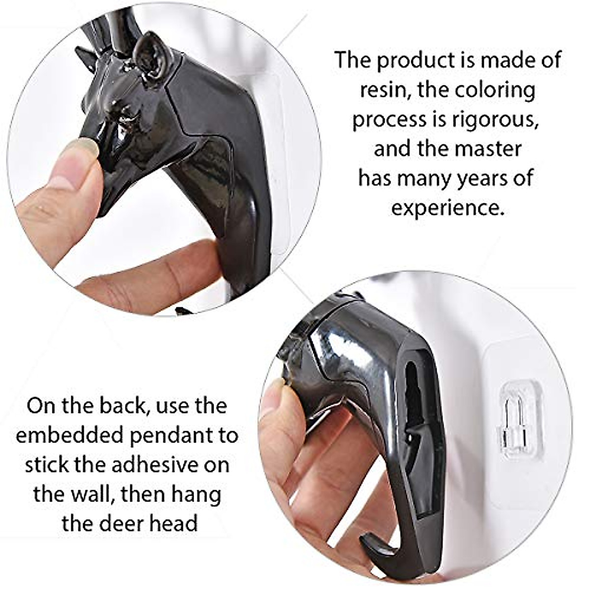 6.69"x7.28" Black Creative Antler Home Decoration Resin Hook Wallhook for Key Personality Animal Deer Head Free Punch Towels Wall Hook