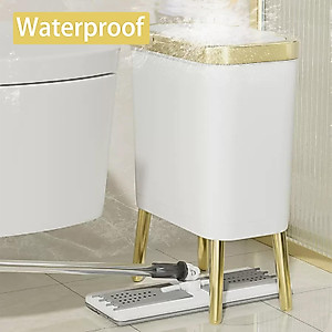 URALFA 4 Gallon Bathroom Trash Can with Lid, Slim Garbage Can with High Foot, Dog Proof Trash Bin with Press-TOP, Modern White and Gold Trash Can for Bedroom, Kitchen, Living Room, Toilet (White)