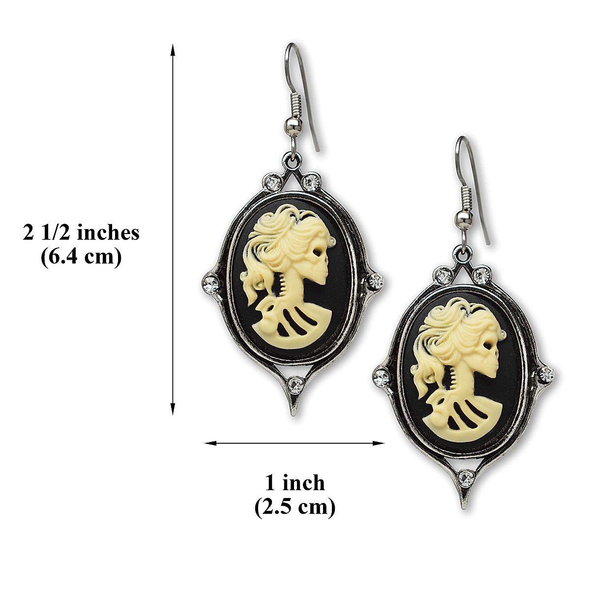 Gothic Lolita Skull Cameo Ivory on Black Dangle Earrings with Austrian Crystals