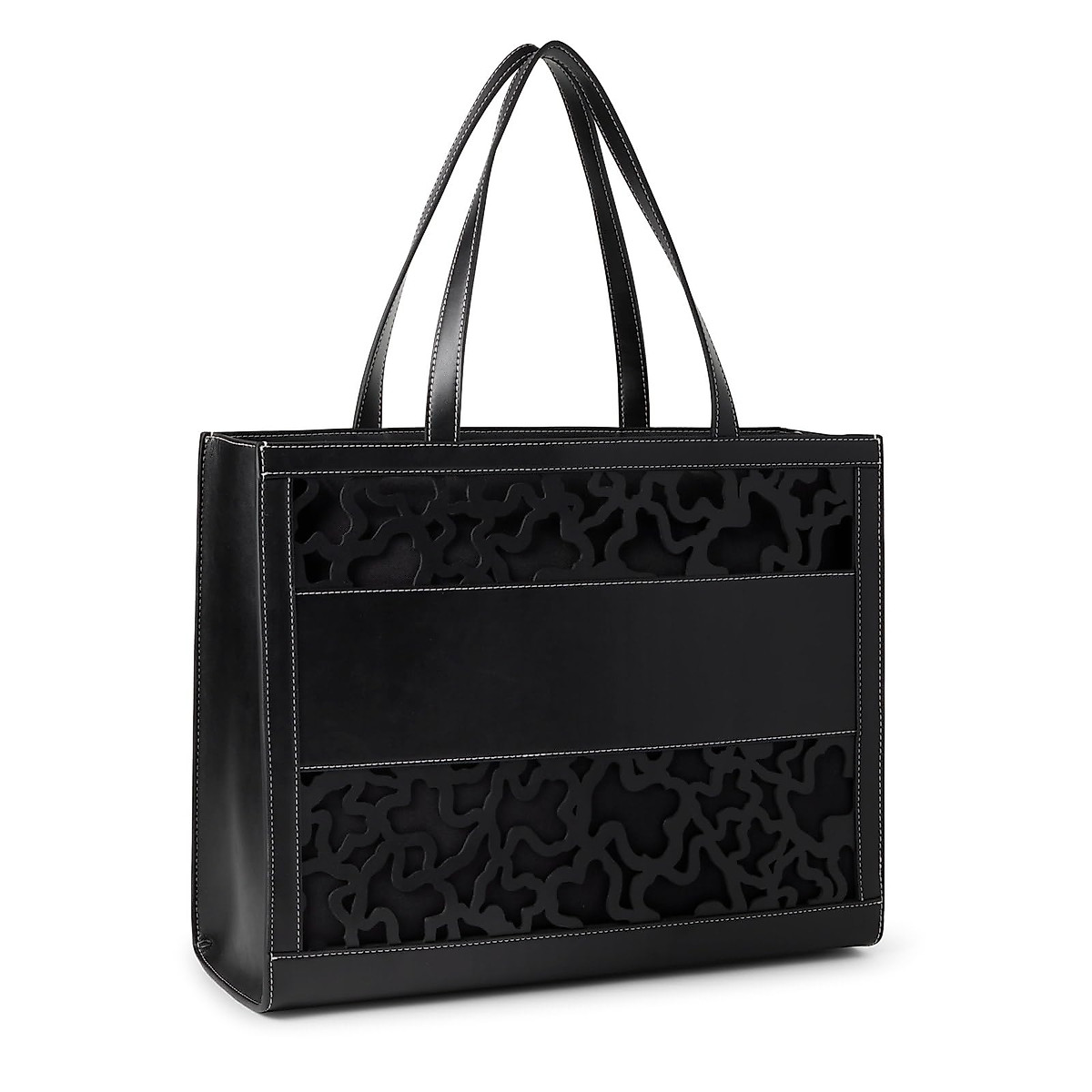 TOUS Brown and Beige Leather-Effect Vinyl with Bear Print Shopping Bag for Women, 40x33x20 cm, Amaya Kaos Icon Collection