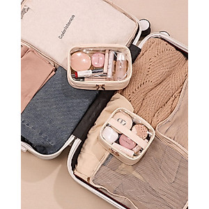 Pocmimut Makeup Bag,PU Leather Clear Makeup Bag Travel Makeup Bag Car Essentials for Women,Travel Essentials Cosmetic Bag Organizers(Beige)