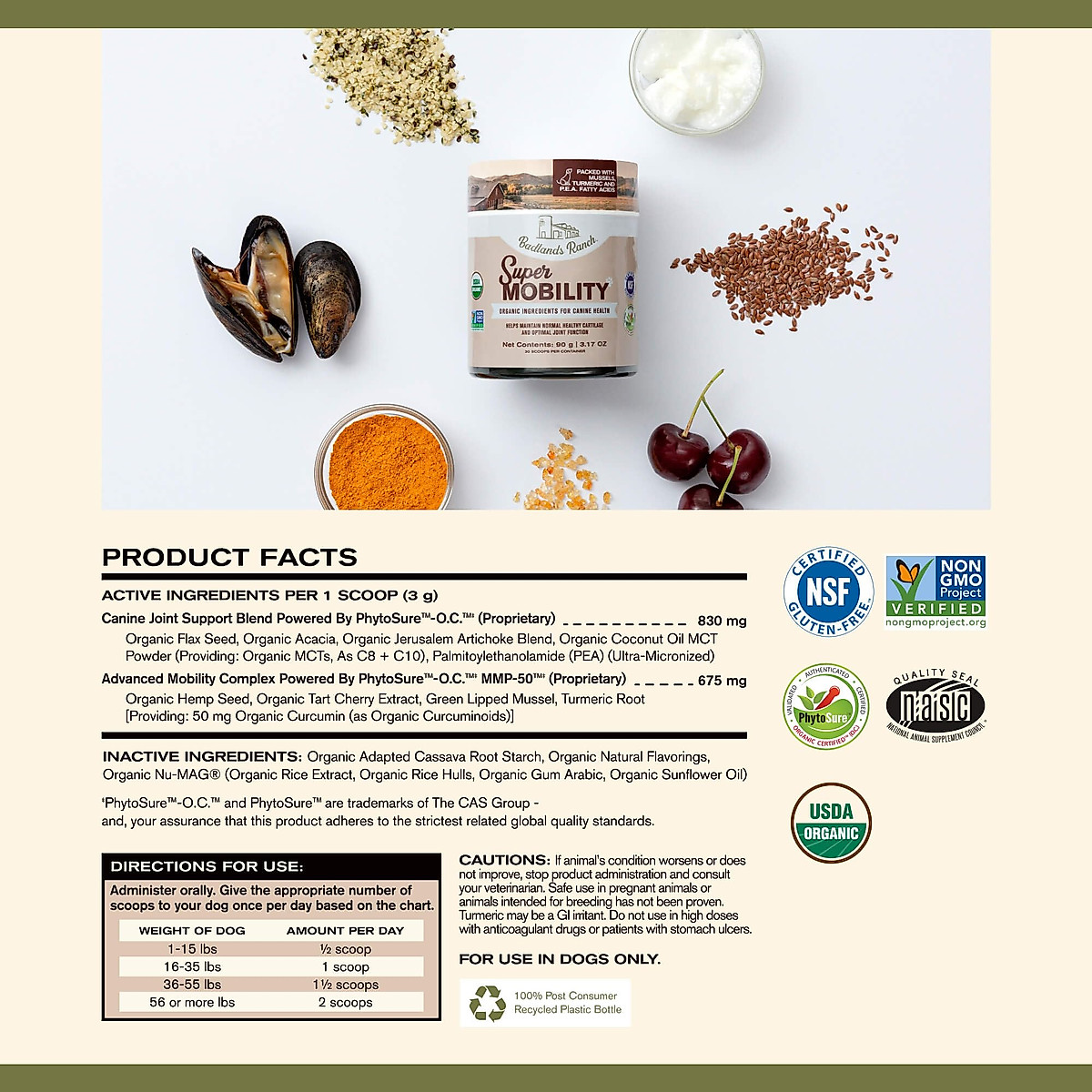 Badlands Ranch - Super Mobility Canine Supplement Organic Ingredients Helps Maintain Healthy Cartilage, Optimal Joint Function by Katherine Heigl (90 Grams, 30 Scoops)