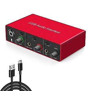 USB Audio Interface (Resolution 24Bit/DAC48 kHz/ADC96 kHz) 48V Phantom Power for Recording Podcasting and Streaming Compatible with MacOSX and Windows… (Red Audio Interface)