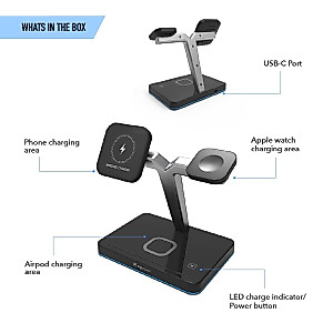 Digipower Wireless Charger - 3 in 1 Magnetic Charging Station - Fast Wireless Charger Stand for iPhone 14/13/12/Pro/Max, for Apple Watch 7/6/5/4/3/2/SE, AirPods 3/2/Pro