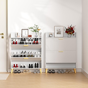 Garden 4 you Shoe Cabinet with 2 Flip Drawers, Freestanding Shoe Cabinet Organizer with Wooden Leg, Narrow Shoes Storage Cabinet for Entryway, Hallway, Living Room, Bedroom (White)