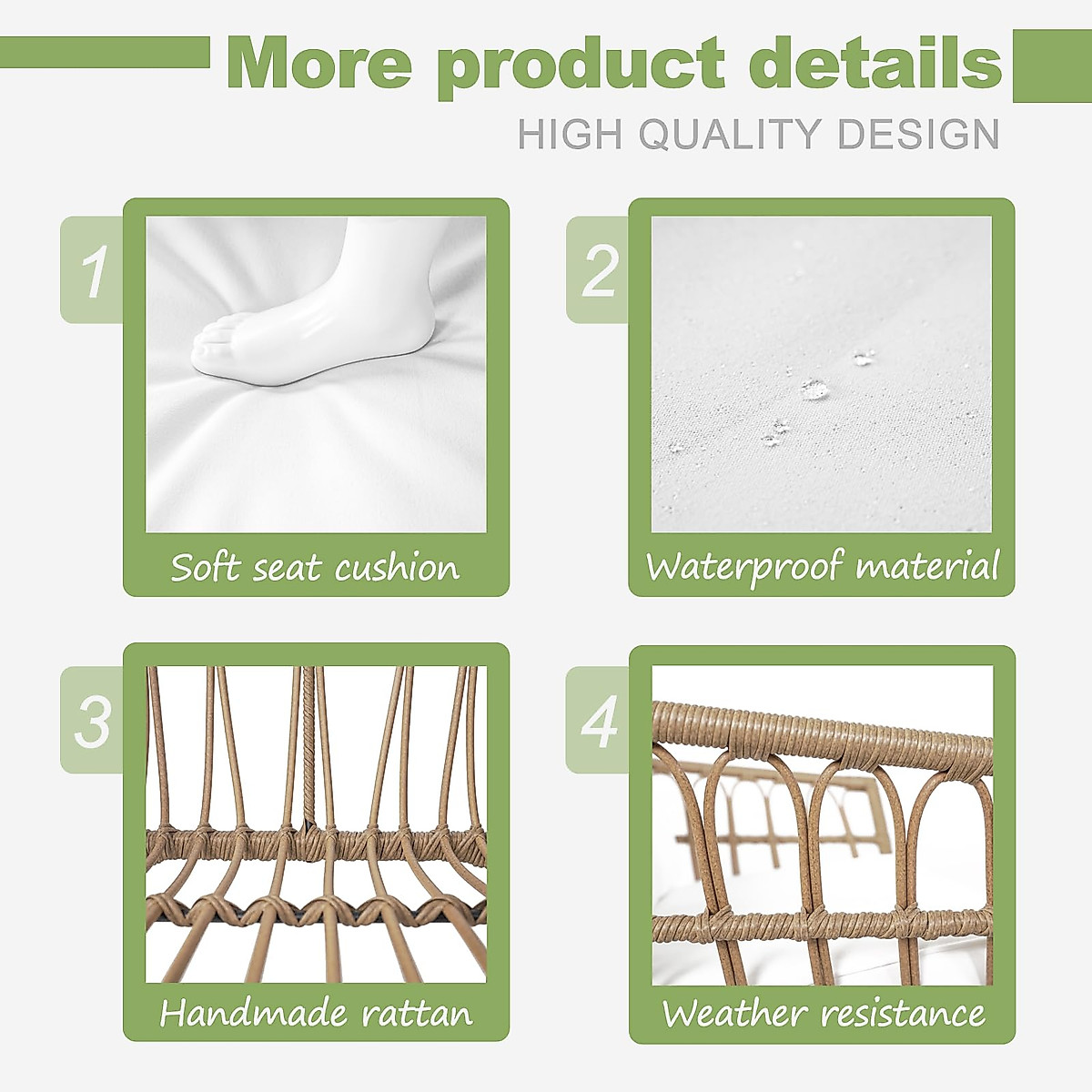 3 Pieces Outdoor Chairs Set, Boho Indoor Outdoor All Weather Woven Rope Furniture Set, Tan Wicker Chat Set with White Cushions, Rattan Sets for Balcony, Garden, Front Porch,Indoor,Living Rooms