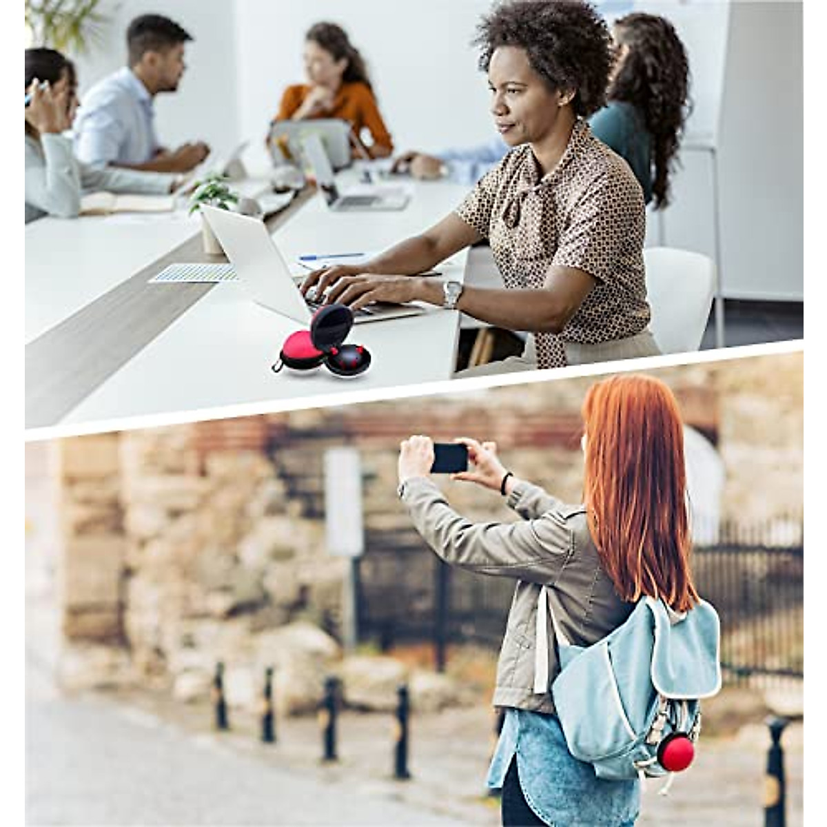 TOGETFACE Round Earbuds Case Portable EVA Carrying Case Organizer Phone Accessory Organizer with Carabiner for Headphones Earbuds Earpiece - red