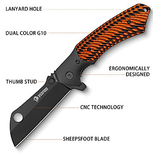 NedFoss Ratel Pocket Knife - 3.4" D2 Steel Black PVD Blade, G10 Handle, Folding Knife w/Clip, Cleaver EDC Knife & Gift for Men.