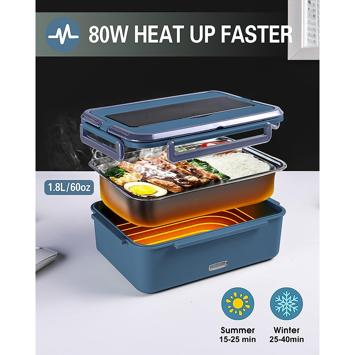 FanFanOK Electric Lunch Box Food Heater 80W Portable Food Warmer with 1.8L Stainless Steel Container for Car Truck Home Work Adults,12V 24V 110V Loncheras Electricas para Calentar Almuerzo