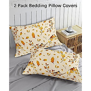 Edwiinsa Autumn Leaves Pillow Covers King Standard Set of 2 Bed Pillow, Farmhouse Fall Forest Maple Birds Plush Soft Comfort for Hair/Skin Cooling Pillowcases with Envelop Closure 20x36 Inches