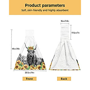 2PCS Hand Tie Towels for Bathroom Kitchen-Farm Highland Cow Sunflowers Decor Hanging Towel Tea Bar Dish Cloth Soft Coral Fleece Absorbent Washcloth,Black White Animals