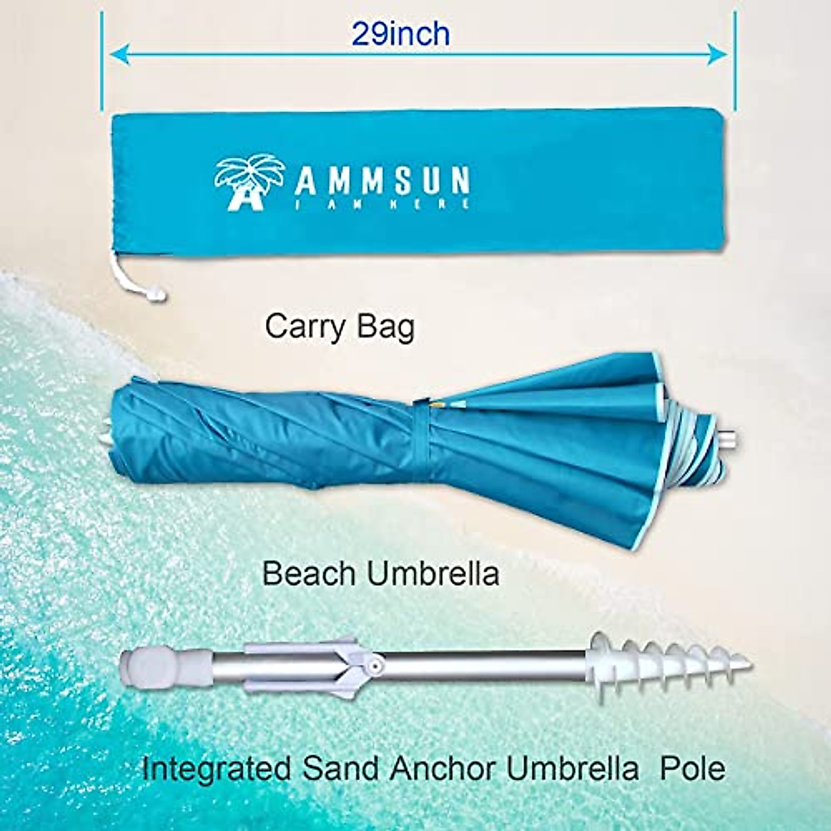 AMMSUN 6.5ft twice folded compact Portable beach umbrella with sand anchor windproof, Push Button Tilt Air vent UV 50+ Protection Fits in a large Suitcase for travel Patio Garden Pool Backyard Sky Blue