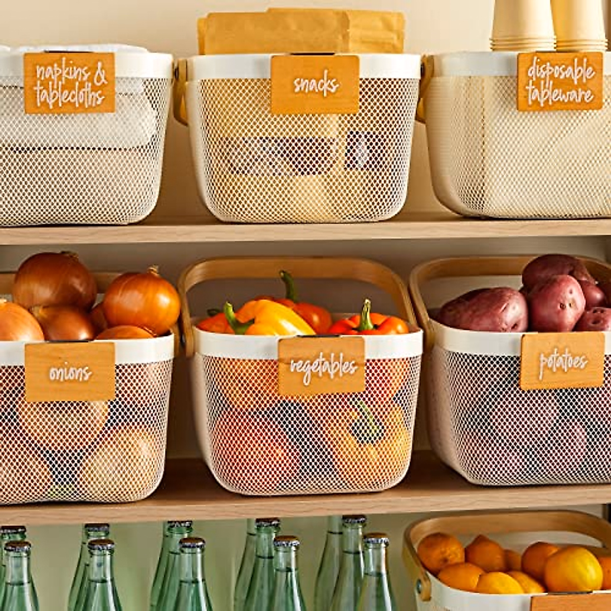 Set of 8 Wooden Clip On Pantry Label Holders for Storage Bins + 70 Preprinted White on Clear Script Stickers for Kitchen Organization, Baskets, Containers