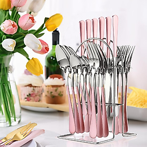 24 Pieces Flatware Set, Stainless Steel Cutlery Set with Silverware Holder, Spoons Forks Knives Set,Hanging Silverware Set Service for 6,Durable Stainless Steel Utensils Set (White)