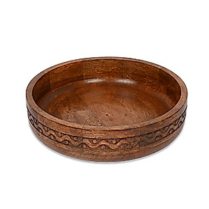 EDHAS Mango Wood Decorative Round Carved Bowl for Decoration, Centerpiece Bowl for Table (10.5" x 10.5" x 2.5")
