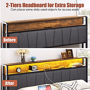 SogesSleep Twin Bed Frames with Headboard, Upholstered Twin Size Bed Frames with Storage and Charging Station & LED Lights, No Box Spring Needed Bed Frame, Noise Free & Easy Assembly