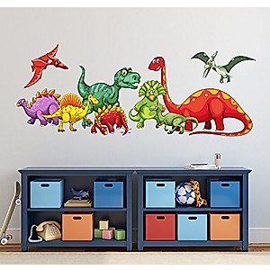Dinosaurs Wall Decal - Kids Boys Bedroom Wall Art - Cute Dinosaurs Nursery Wall Decal - Dinosaur Themed Vinyl Wall Sticker (24"W x 10"H)