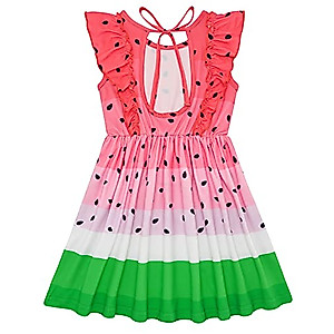 Goodstoworld Little Girls Dress Size 5 6 Toddler Summer Watermelon Beach Dresses 5T 6T Girl Kids Pink Ruffle Sleeveless Graduation Sundress Cute Casual Outfits Fruit Strechy Frocks