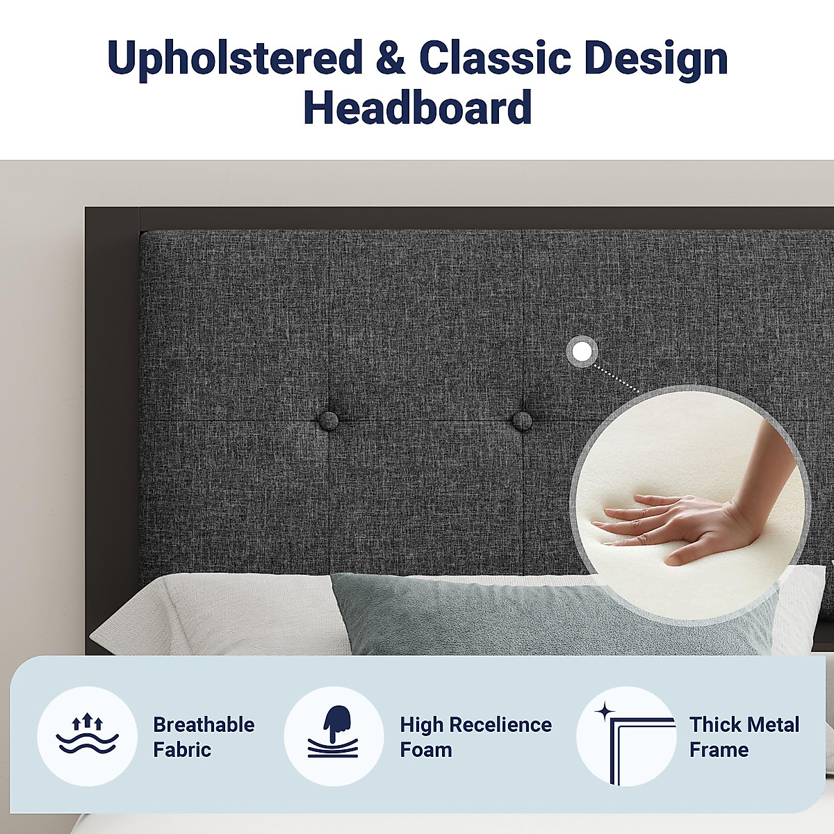 Allewie Twin Bed Frames with Upholstered Button Tufted Headboard for Kids, Platform Bed Frame with 12.4” Underbed Storage, No Box Spring Needed, Noise Free, Grey.