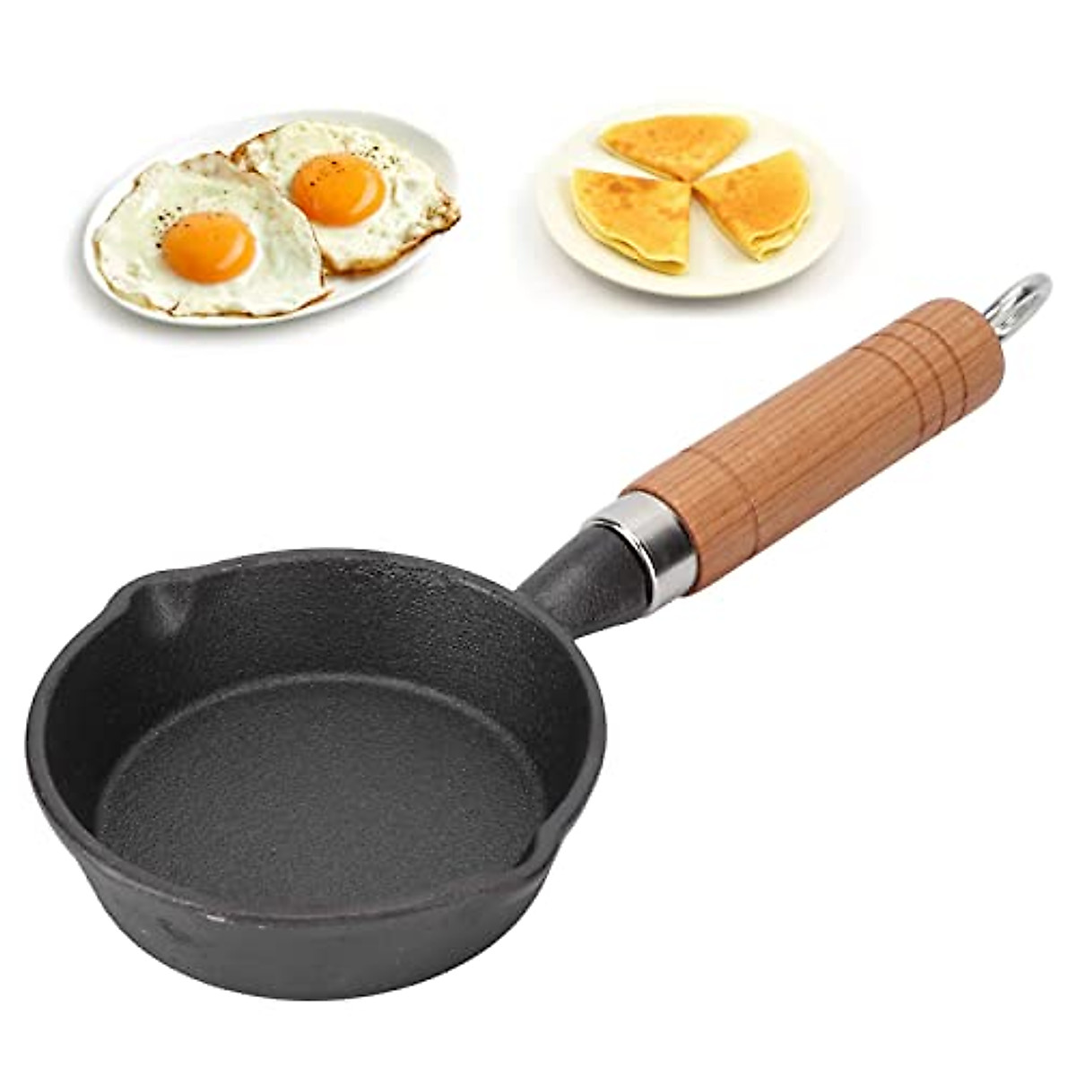 Topyond 10CM Casting Iron Grill Pan, Flat Bottomed Egg Frying Pan Even Heating Bbq Pan with Wood Handle for BBQ Cooking