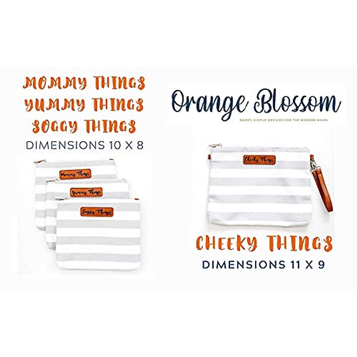 Stylish Diaper Bag Organizing Pouches - XL Set of 4 Gray and White Striped Canvas Diaper Bag Pouches with Leather Embossed Labels, Leather Wristlet Strap & Durable Metal Zippers