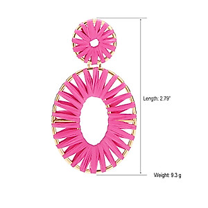 BaubleStar Kiera Raffia Tassel Fringe Rattan Hoop Drop Statement Earrings Hot Pink Tiered Thread Handmade Round Oval Cirle Dangle Fashion Jewelry for Women
