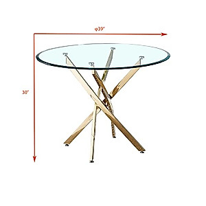 Henf Modern Glass Round Top Dining Table with Gold Metal Legs, Contemporary Circle Tempered Glass Dining Table with Stainless Steel Base for Home Office Kitchen Dining Room (Table Only)