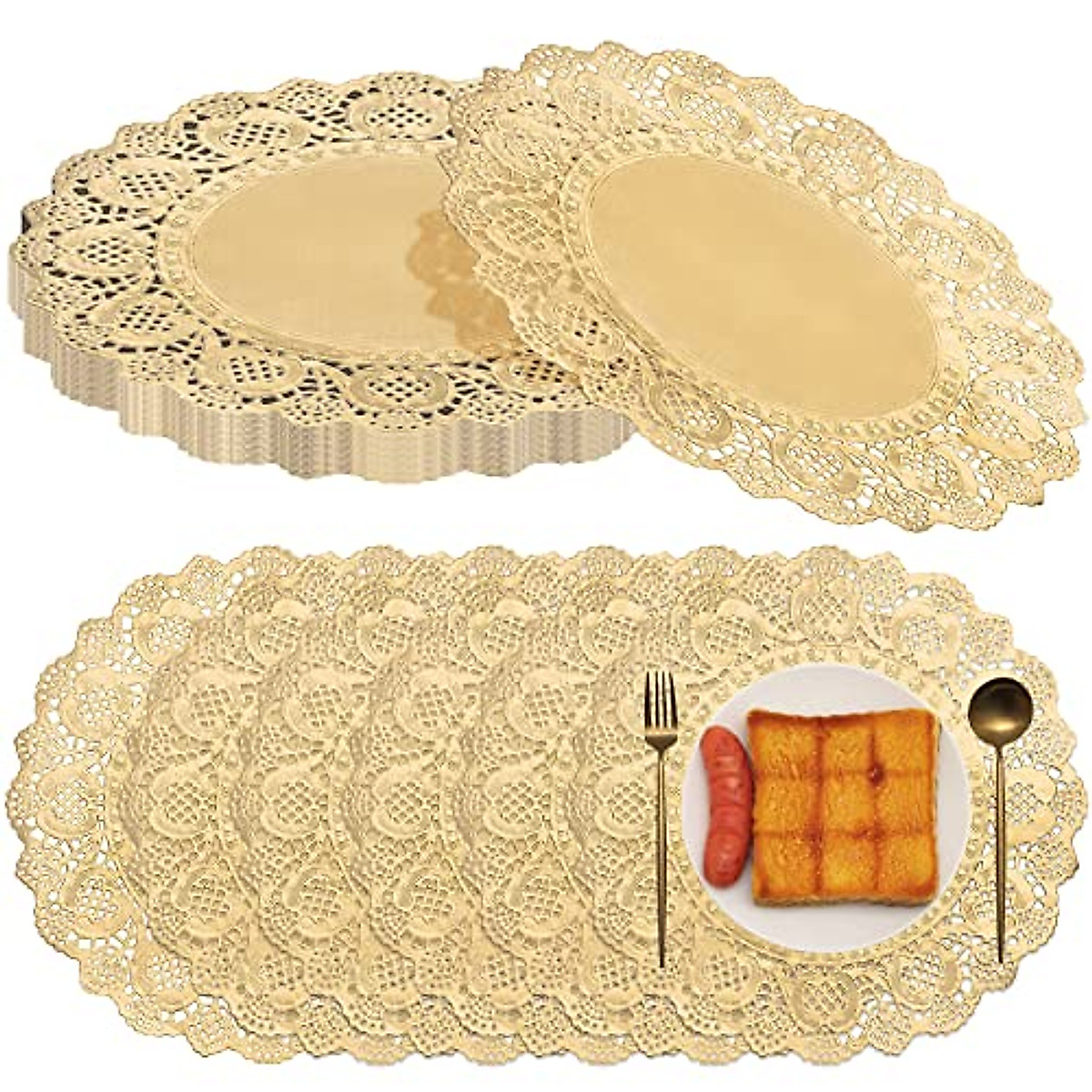 200 Pcs Gold Paper Doilies for Tables Set Lace Round Paper Placemats Decorative Disposable Placemats Doily Paper Pad for Dinner Plates Cake Dessert Crafts Wedding Tableware Party Decor (12 Inch)