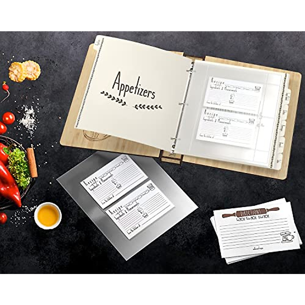 Bamboo Recipe Book Binder (3 Ring) - Includes 25 Plastic (8.5" x 11") Left Loading Sleeves (Holds 50 Recipe Cards) - 50 (4"x6") Double Sided Recipe Cards - 6 Index/Recipe Dividers