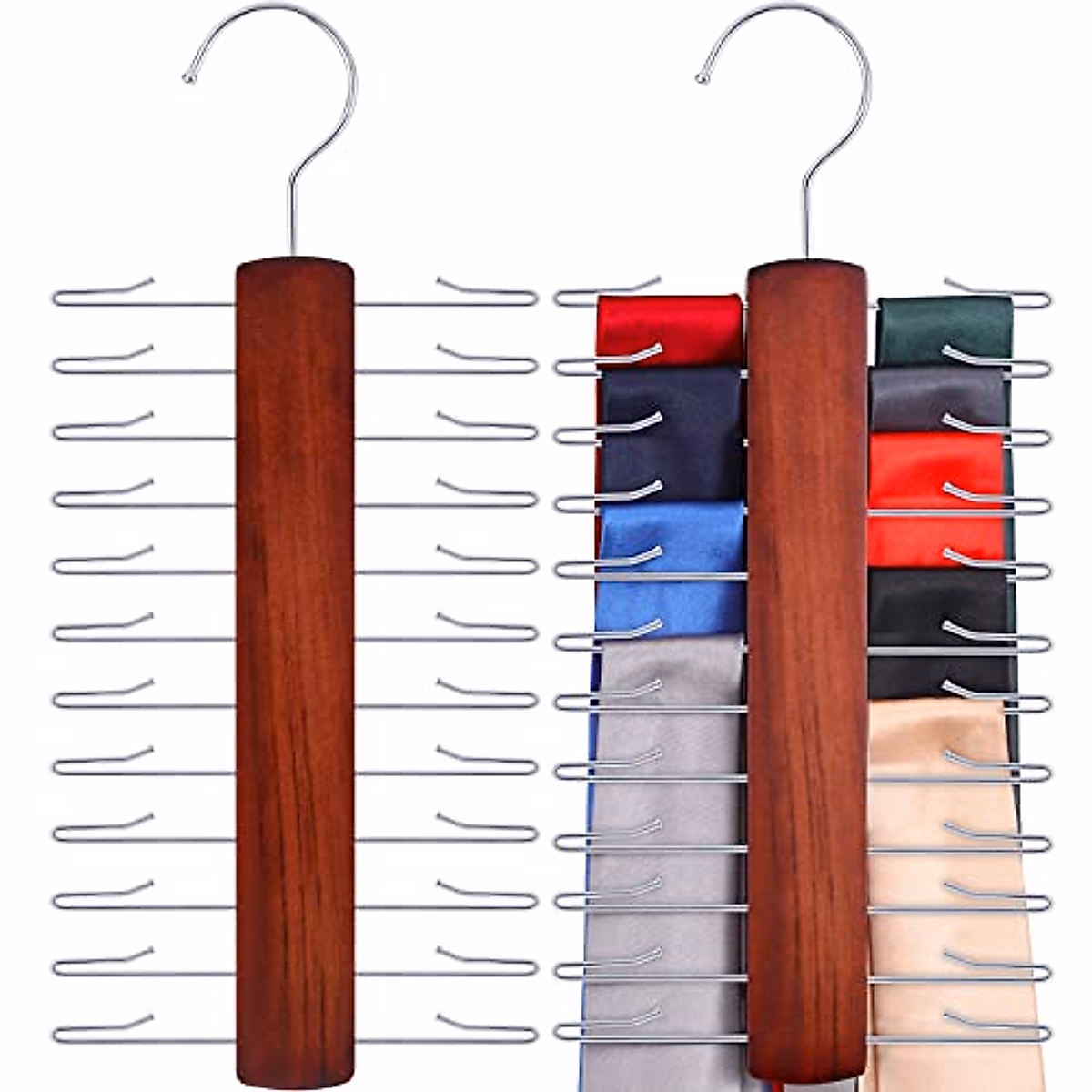 Sawysine 2 Pack Wooden Tie Rack Tie Hangers for Men 24 Hooks Tie and Belt Hangers 360 Degree Swivel Tie Organizer Closet Ties Belts Scarf Accessories (Brown)