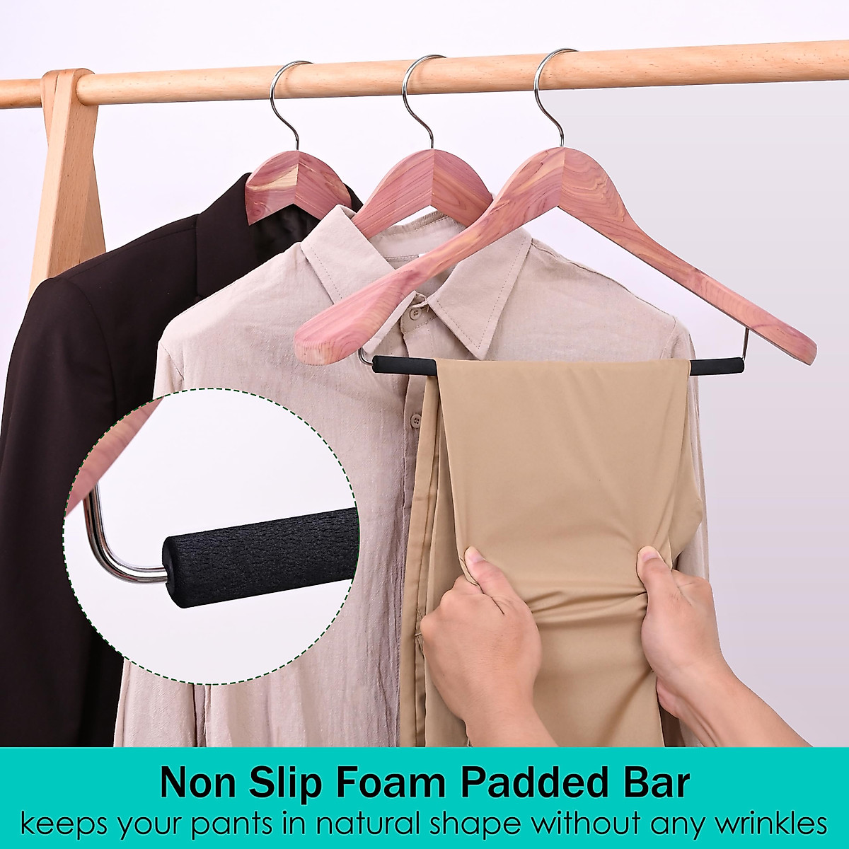 8 Pack Unfinished American Red Cedar Wooden Coat Suit Hangers with Extra Wide Shoulder, Wooden Jacket Clothes Hanger with Non Slip Black Padded Pant Bar- 360°Flexible Hook, Natural- HL03C2