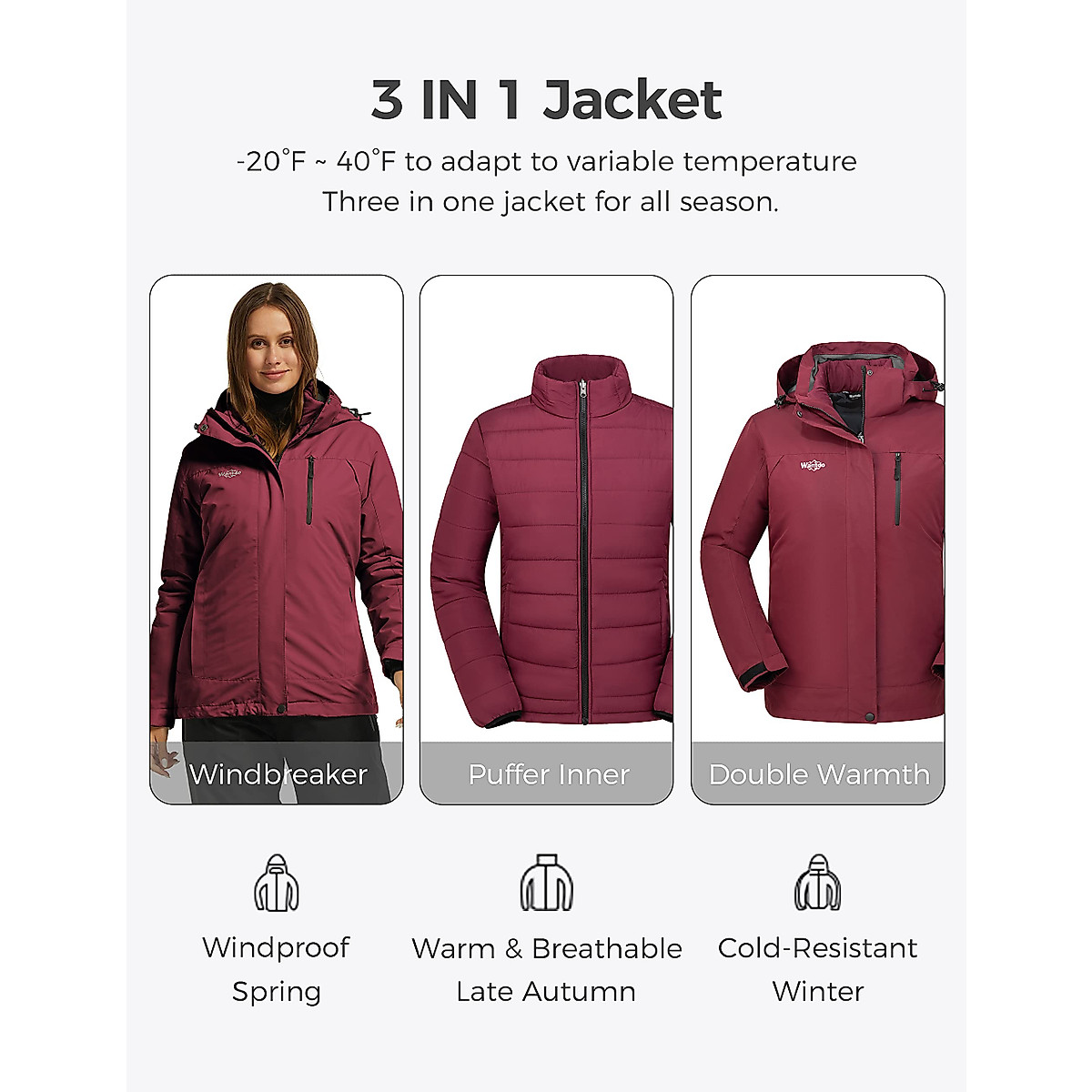 wantdo Women's Winter Snow Coat Mountain Skiing Jacket SoftShell Windbreaker Jacket Wine Red XL